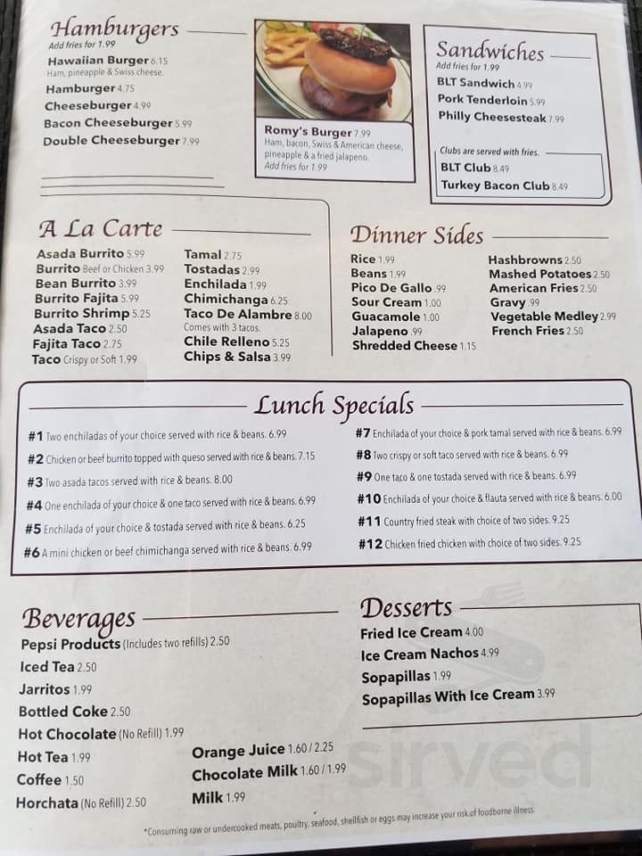 Romy's Restaurant menu in Monett, Missouri, USA