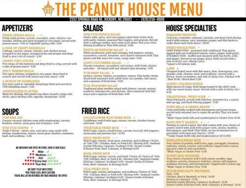 The Peanut House menu in Hickory, North Carolina, USA