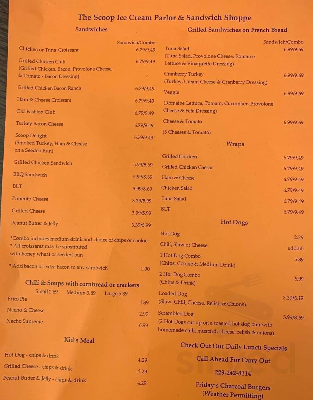 Scoop Ice Cream Parlor menu in Valdosta, Georgia, USA