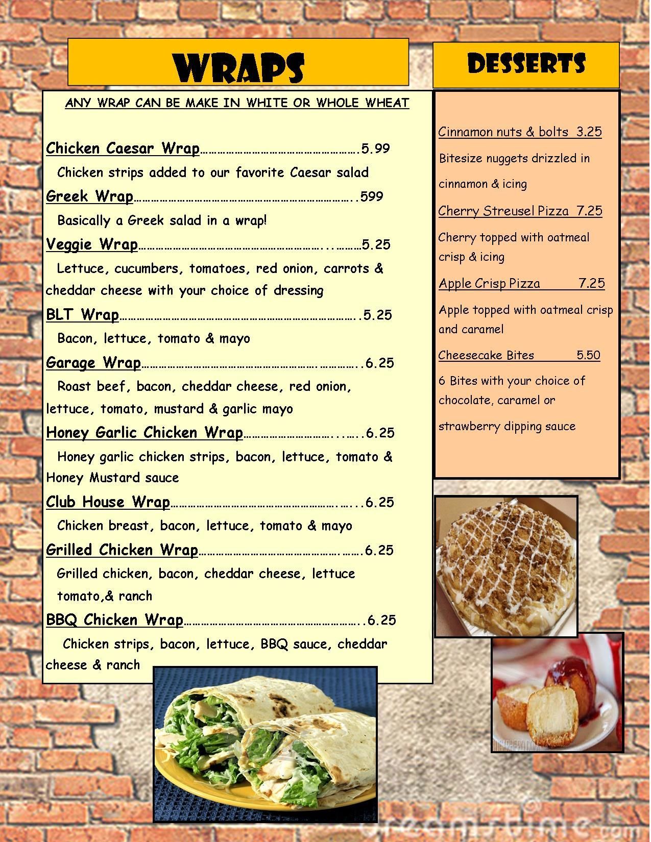 The Garage menu in Merlin, Ontario, Canada