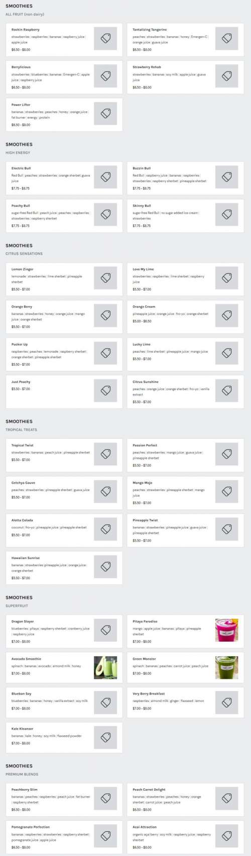 Fruit Shack Smoothies & Yogurt menu in Oro Valley, Arizona, USA