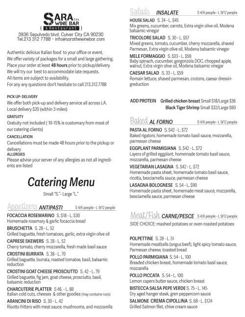 Sara The Wine Bar & Restaurant menu in Culver City, California, USA