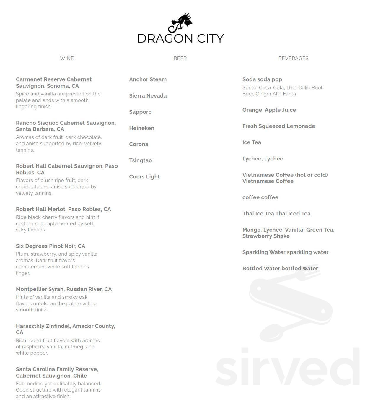 Dragon City menu in Pleasanton, California, USA