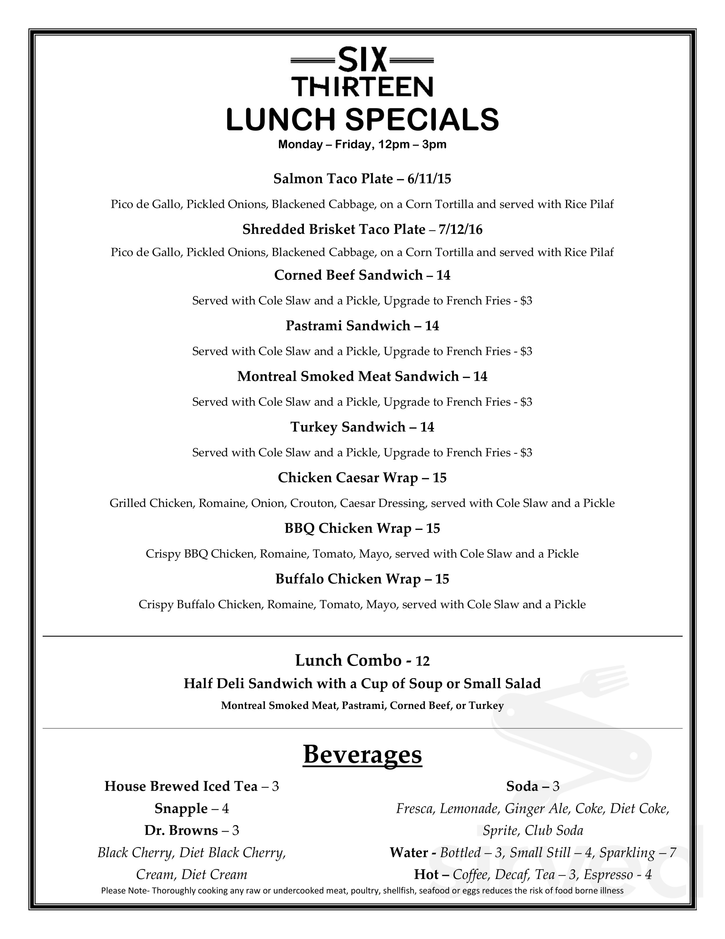 Six Thirteen menu in Stamford, Connecticut, USA