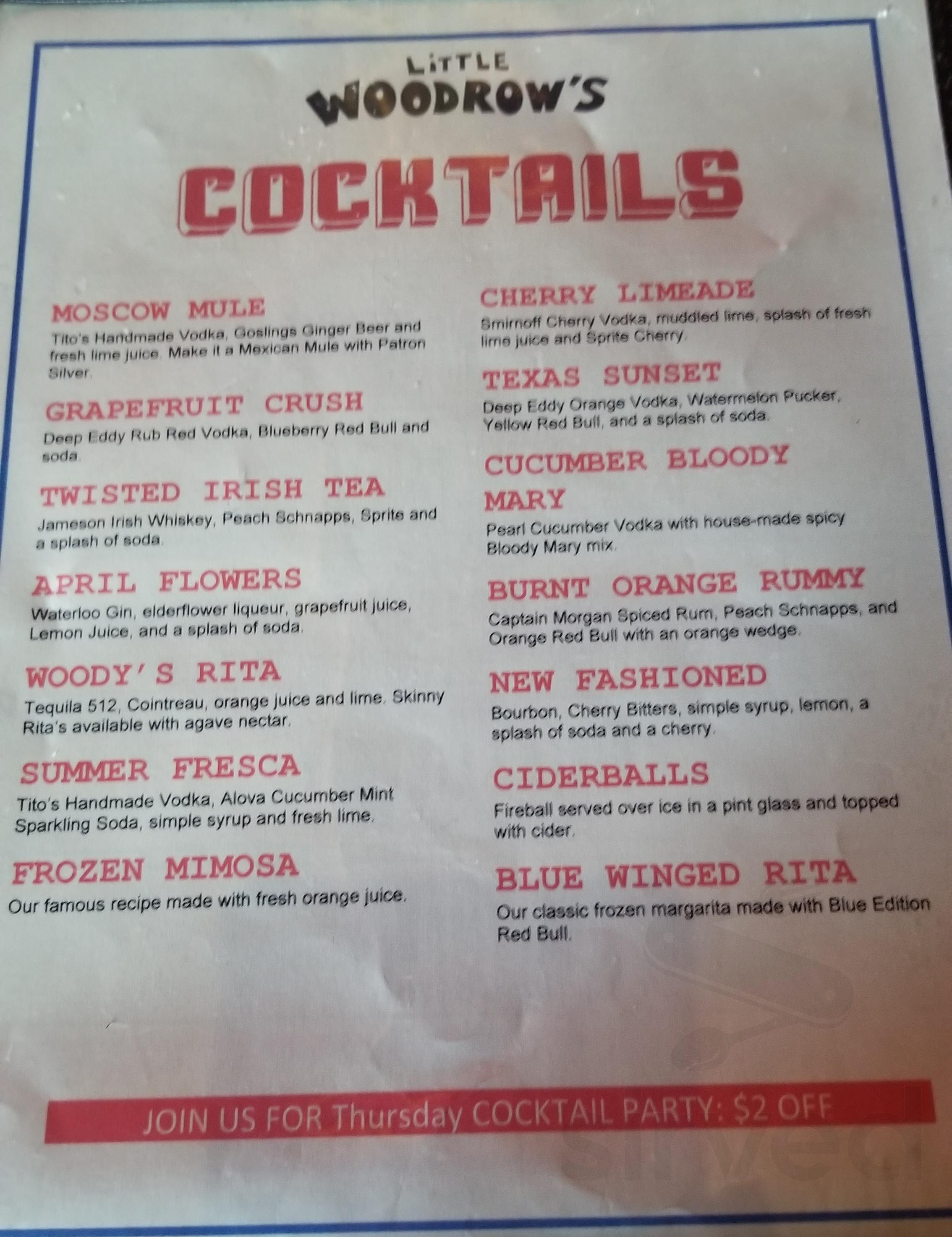 Little Woodrow's West 6th menu in Austin, Texas, USA