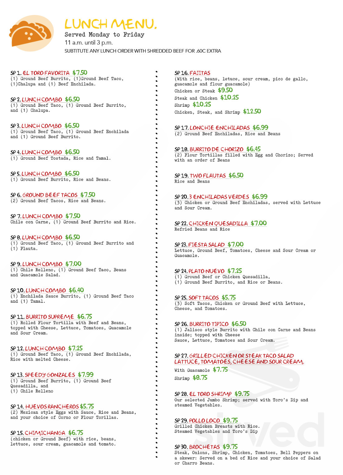 El Toro Mexican Restaurant menu in Gulf Shores, Alabama, USA