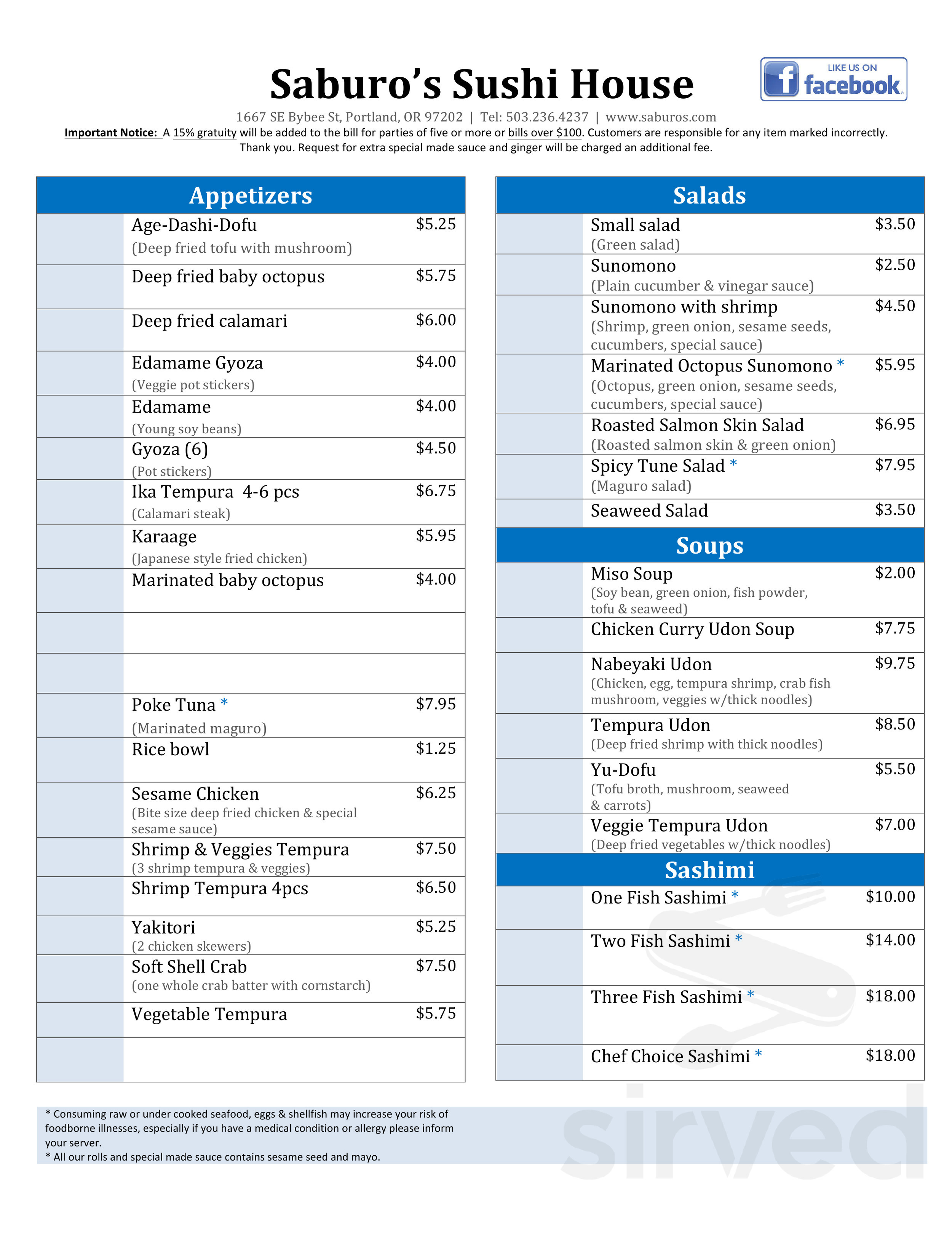 Saburos | Sushi House Restaurant menu in Portland, Oregon, USA