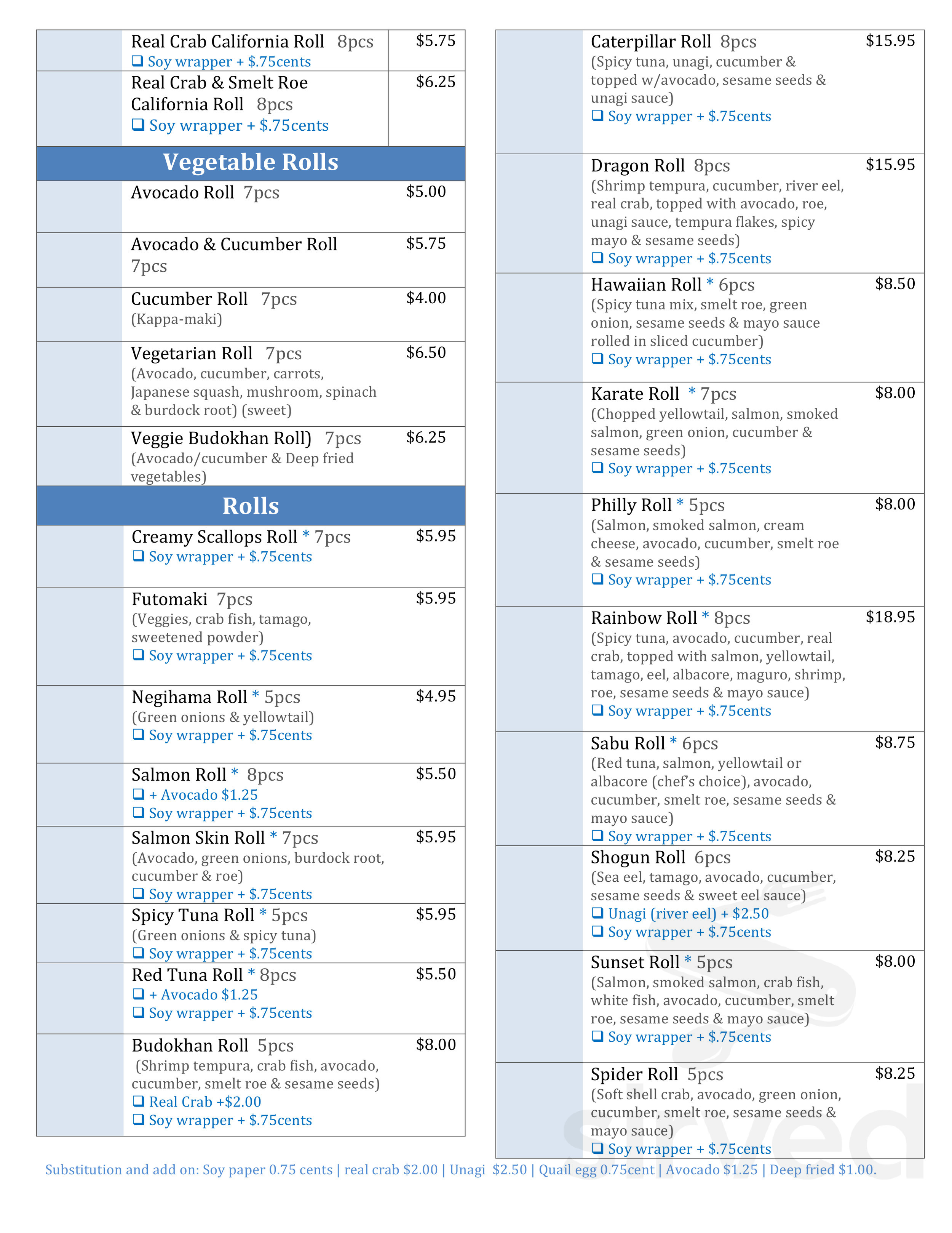 Saburos | Sushi House Restaurant menu in Portland, Oregon, USA