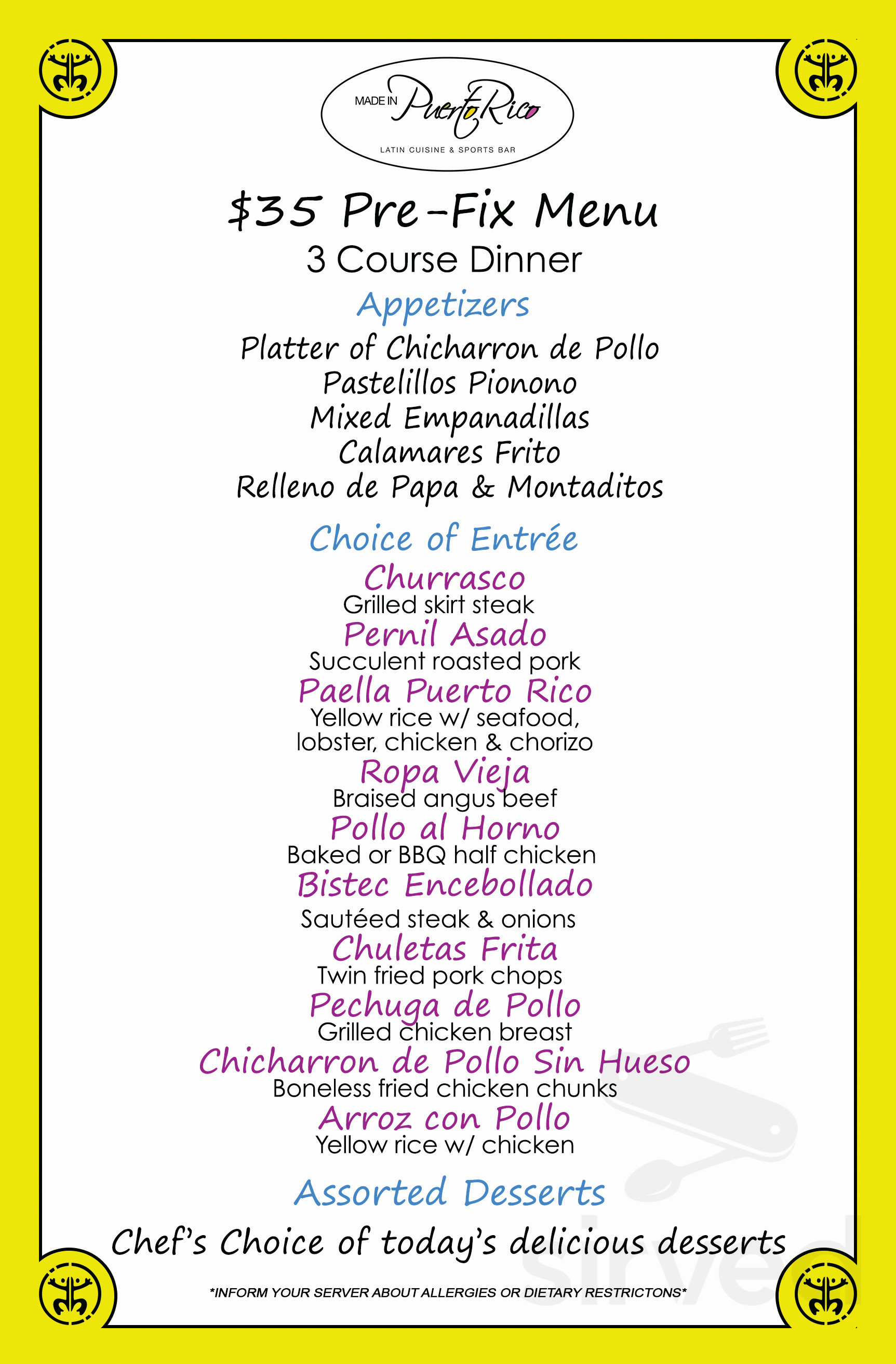 Menu - The Bronx NY's Made in Puerto Rico Latin Cuisine | Sirved