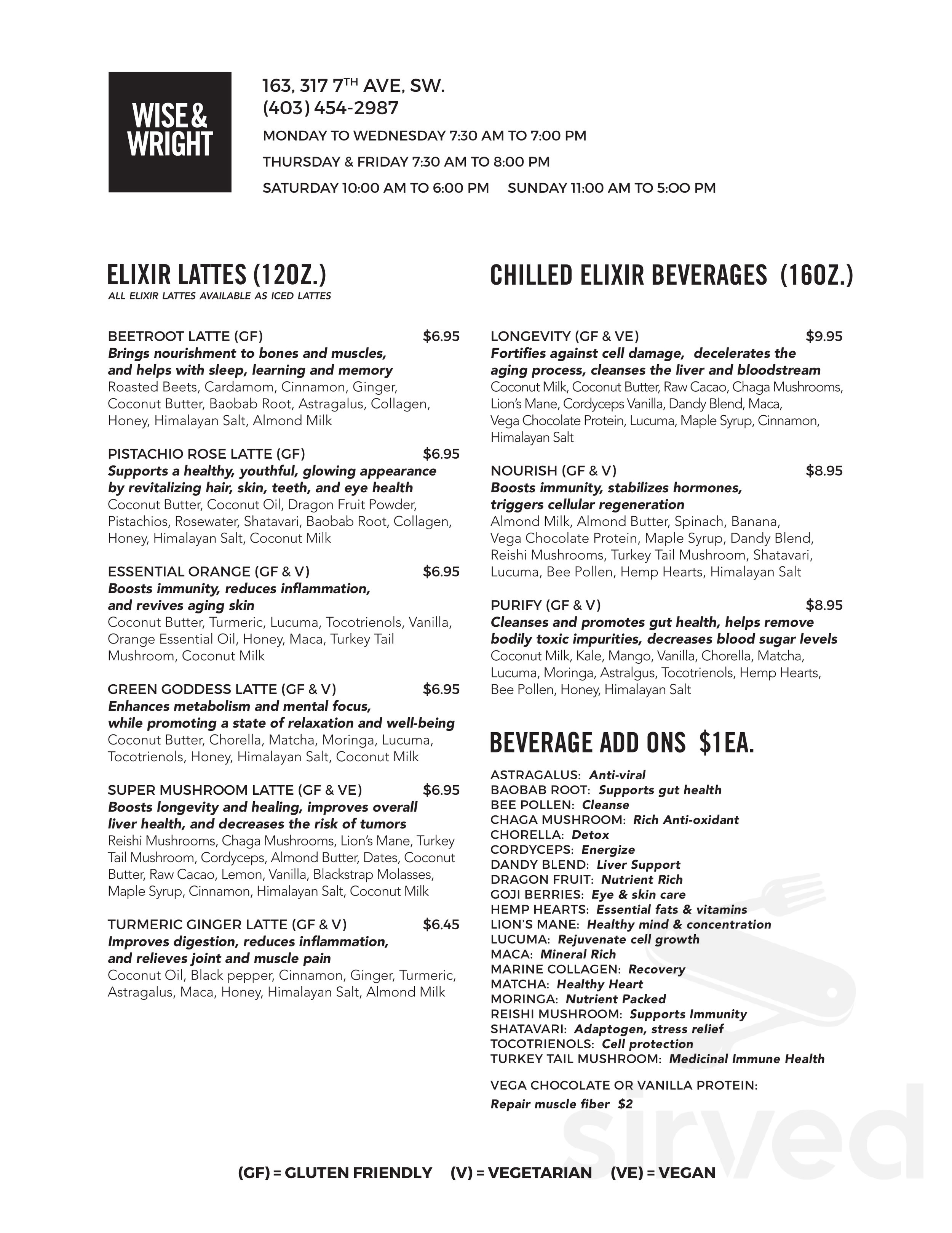 Wise and Wright menu in Calgary, Alberta, Canada