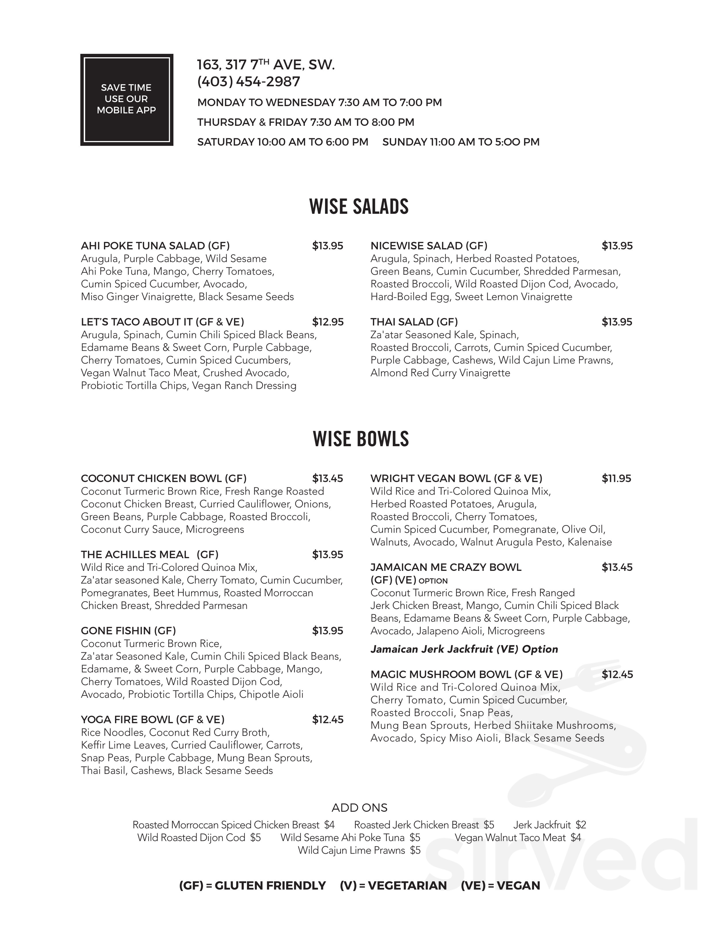 Wise and Wright menu in Calgary, Alberta, Canada