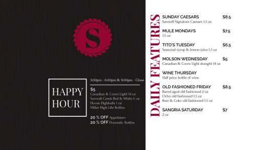 Sawmill menu in Leduc, Alberta, Canada