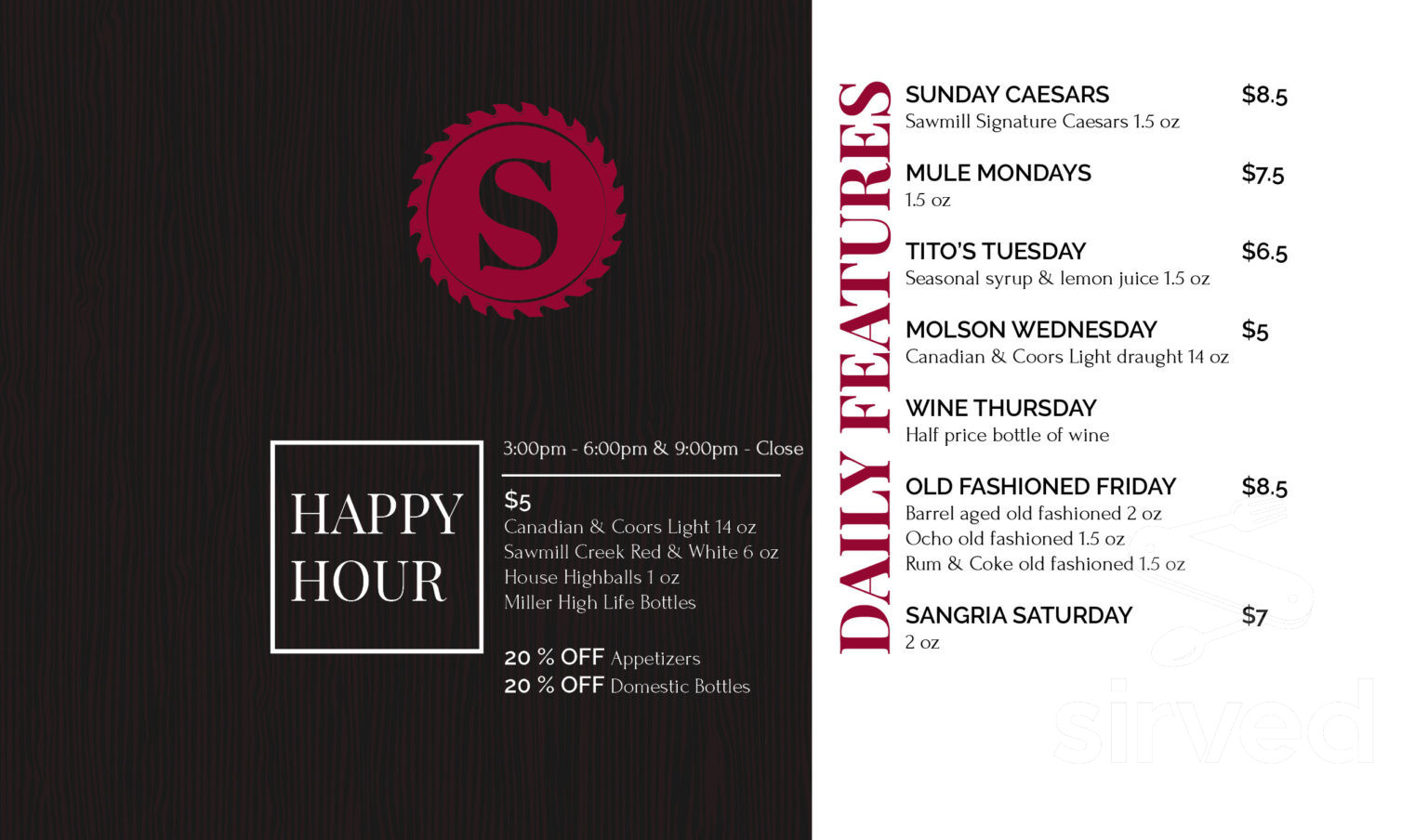 Sawmill menu in Leduc, Alberta, Canada