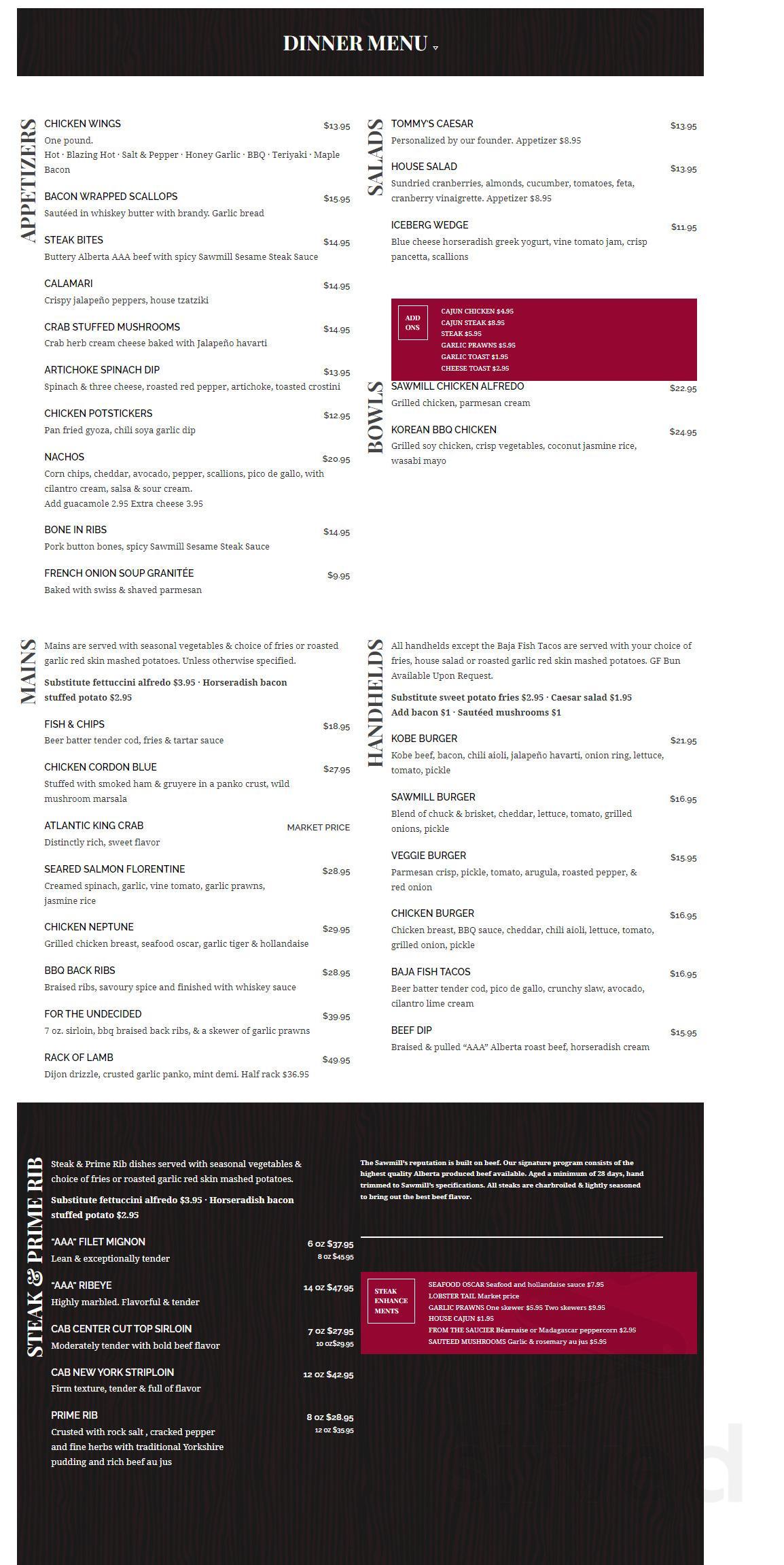 Sawmill menu in Leduc, Alberta, Canada