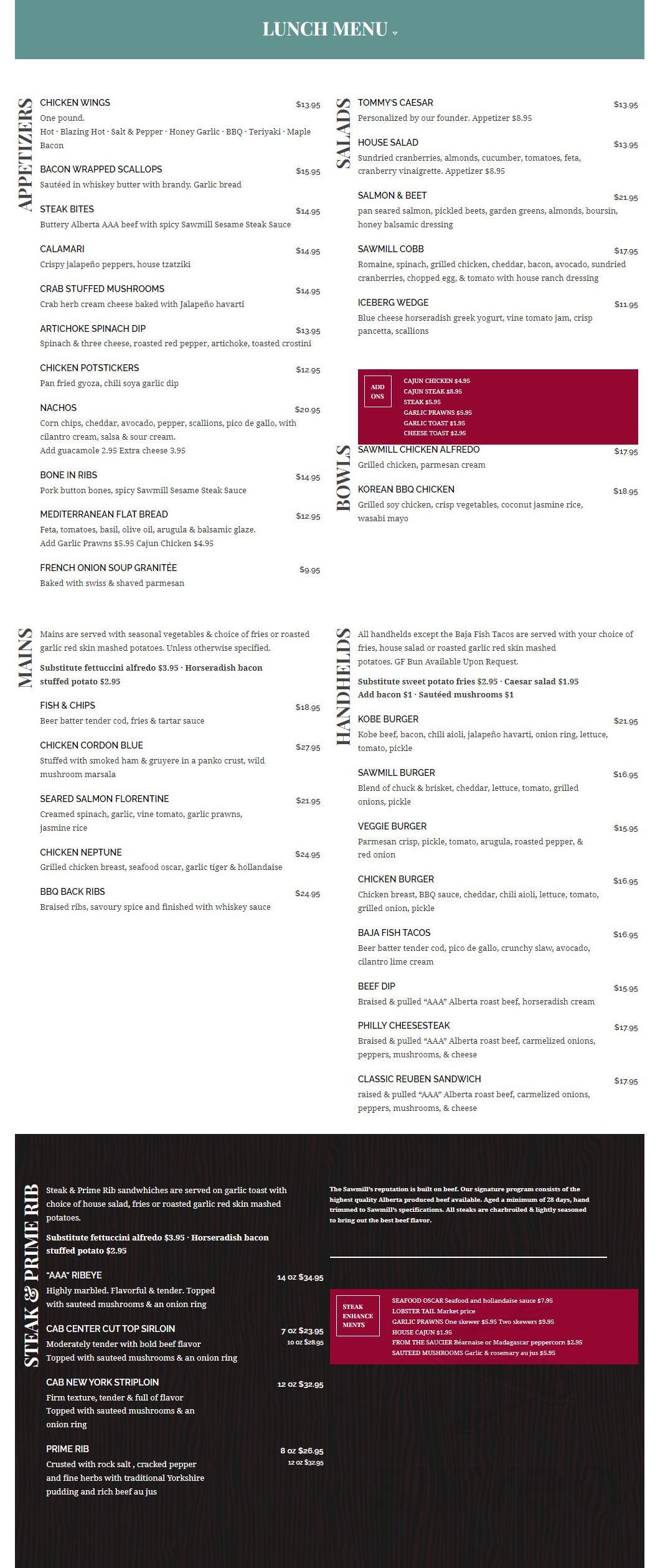 Sawmill menu in Leduc, Alberta, Canada