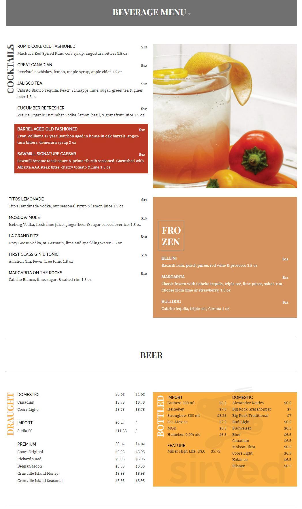 Sawmill menu in Leduc, Alberta, Canada