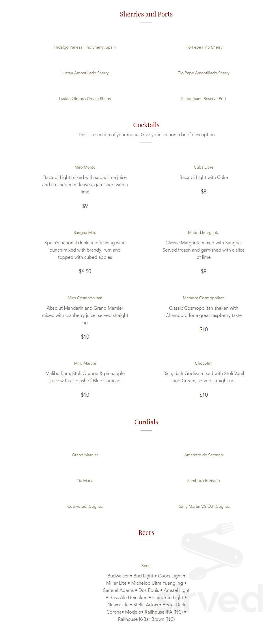 Miro Spanish Grille menu in Charlotte, North Carolina, USA