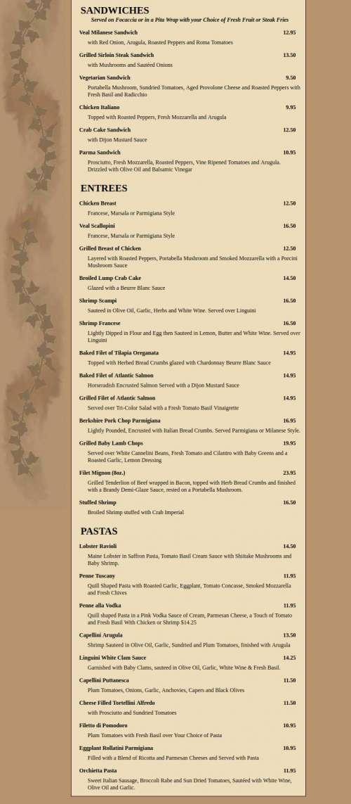 Ponte Vecchio menu in Old Bridge, New Jersey, USA