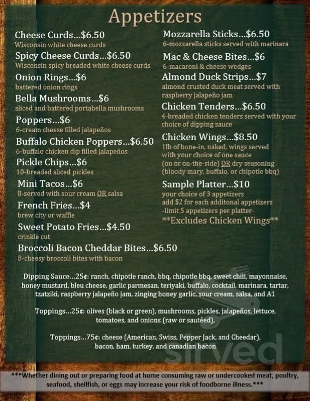 Backwoods Bar & Grill menu in Stevens Point, Wisconsin, USA