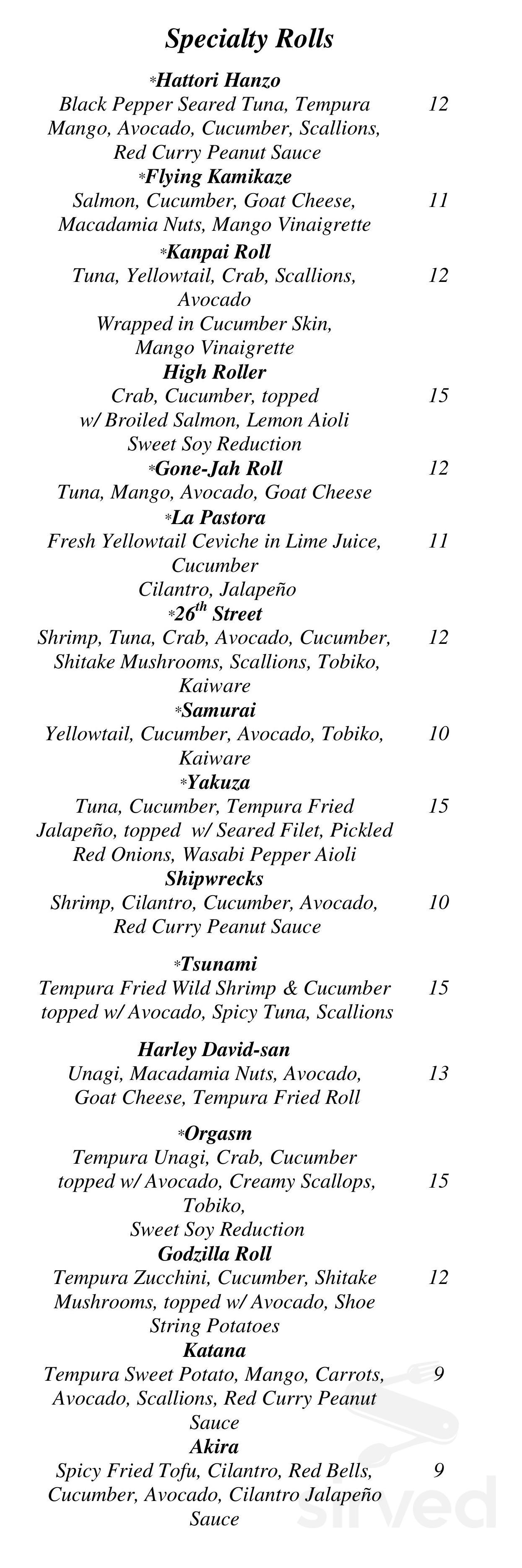Menu - Bend OR's Kanpai | Sirved