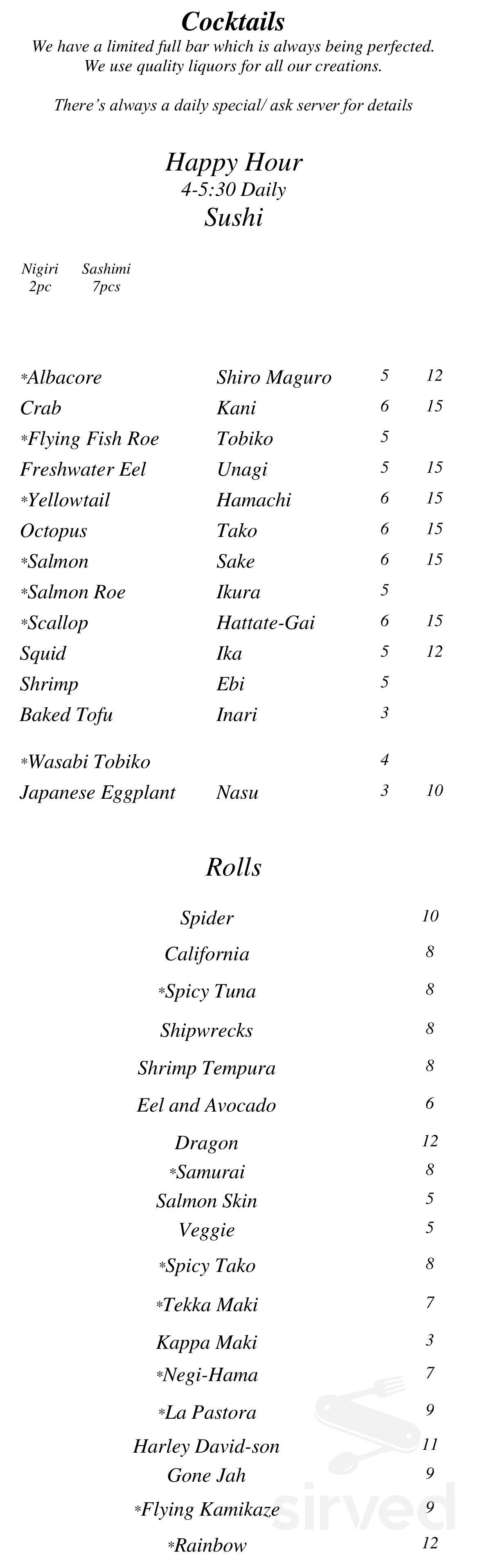 Menu - Bend OR's Kanpai | Sirved