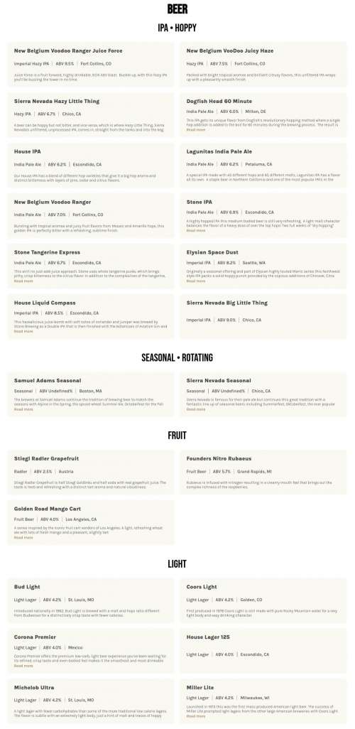 Yard House menu in San Jose, California, USA