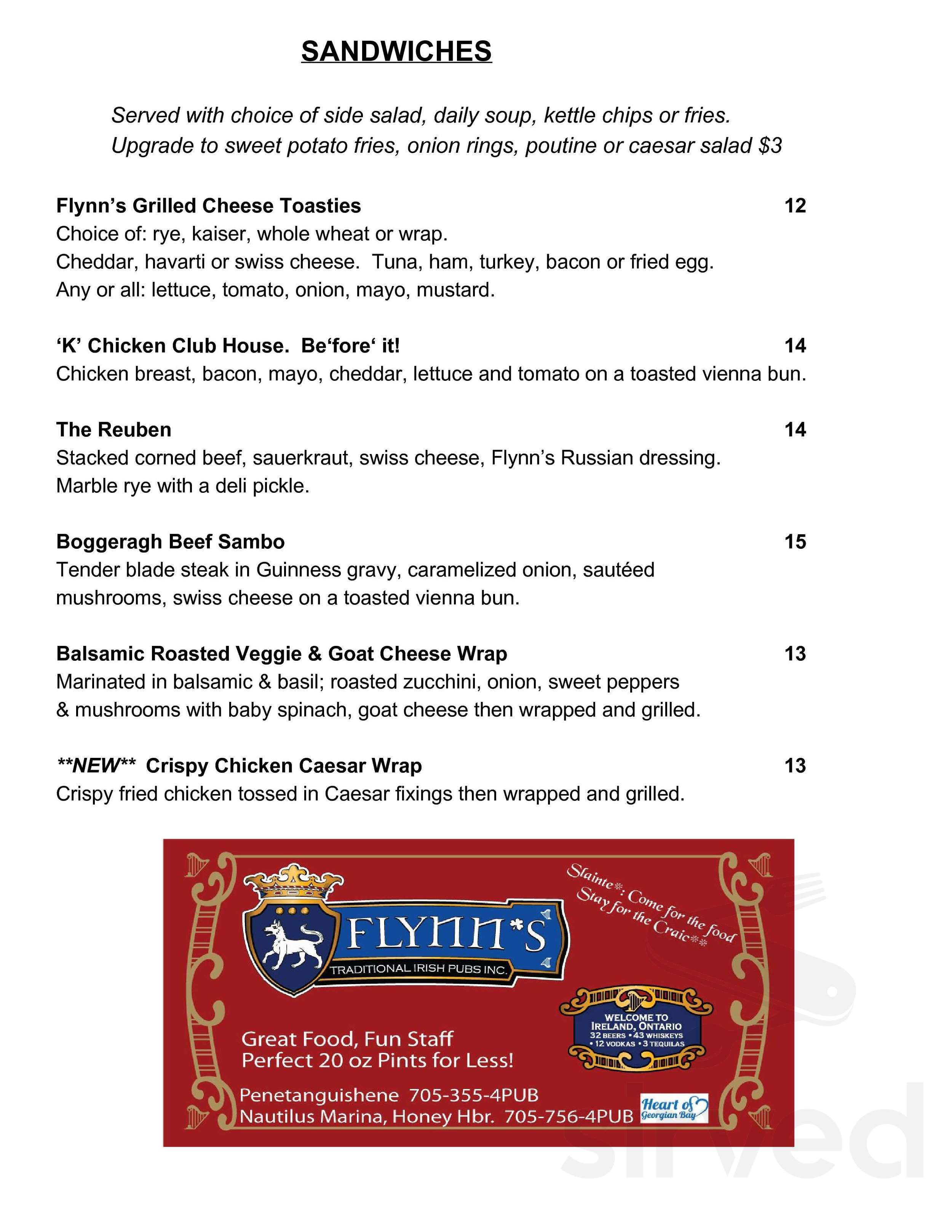 Flynn's Public House menus in Penetanguishene, Ontario, Canada