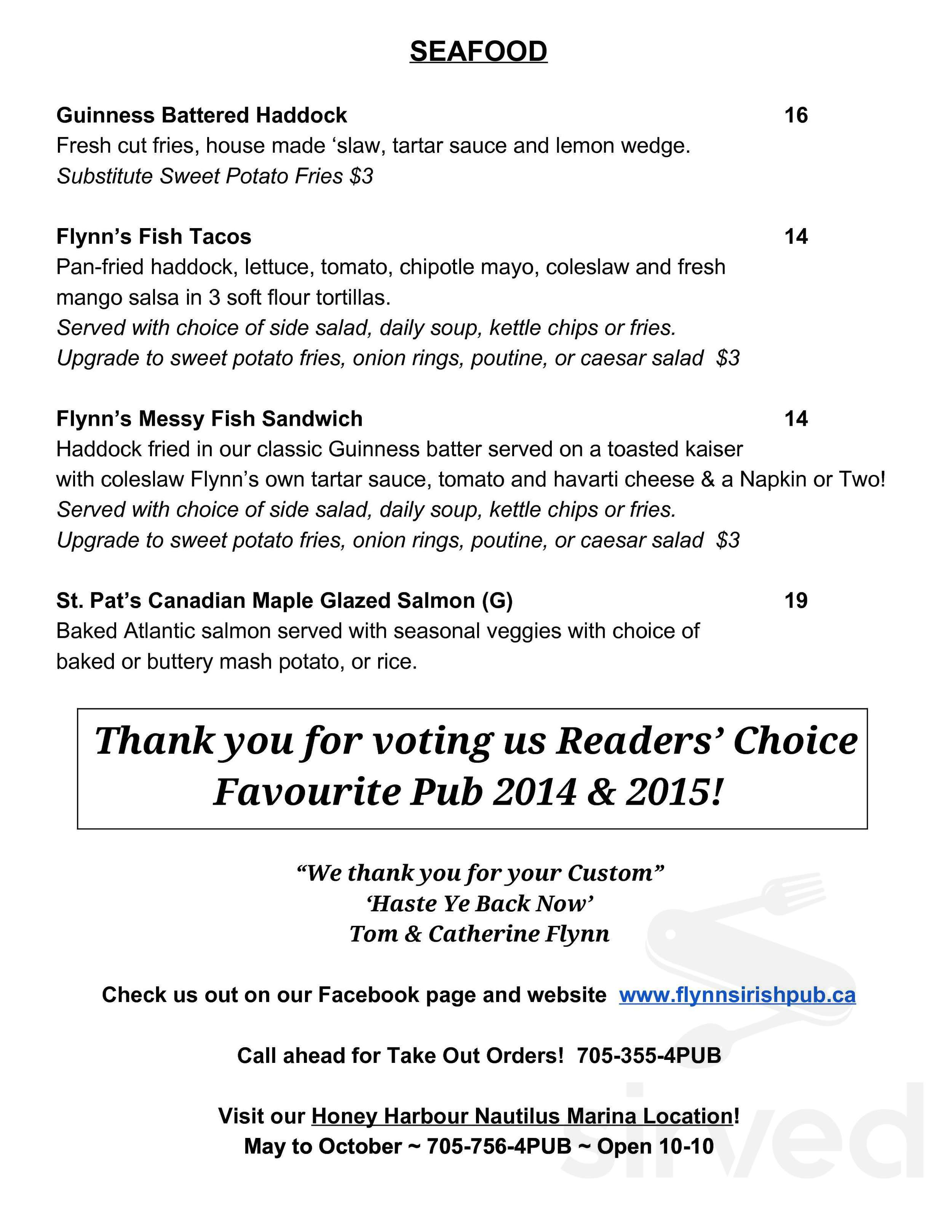 Flynn's Public House menus in Penetanguishene, Ontario, Canada
