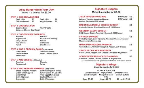 Juicy Burgers menu in Houston, Texas, USA