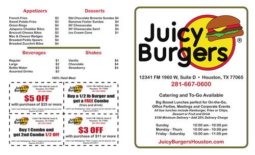 Juicy Burgers menu in Houston, Texas, USA