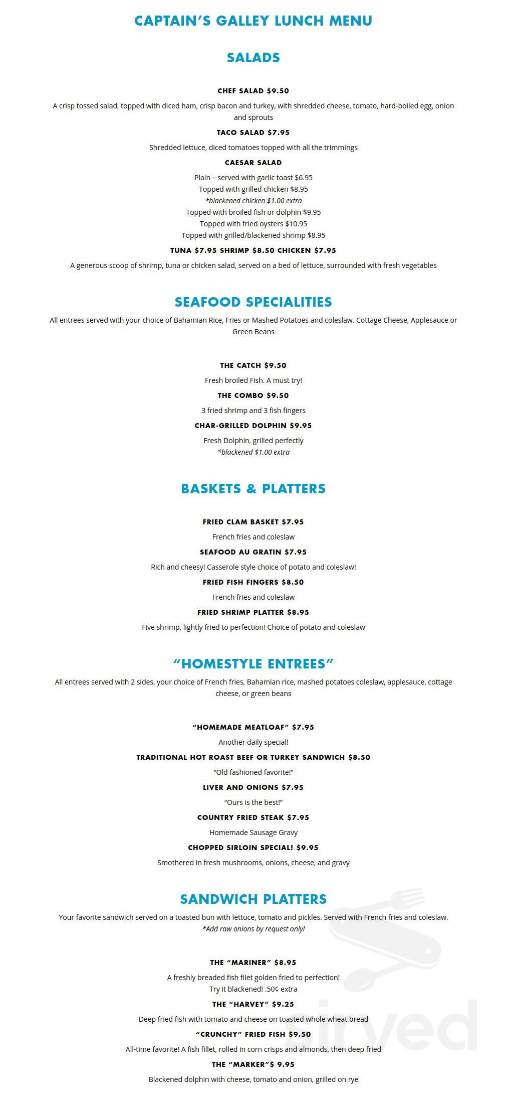 Captain's Galley menu in Fort Pierce, Florida, USA