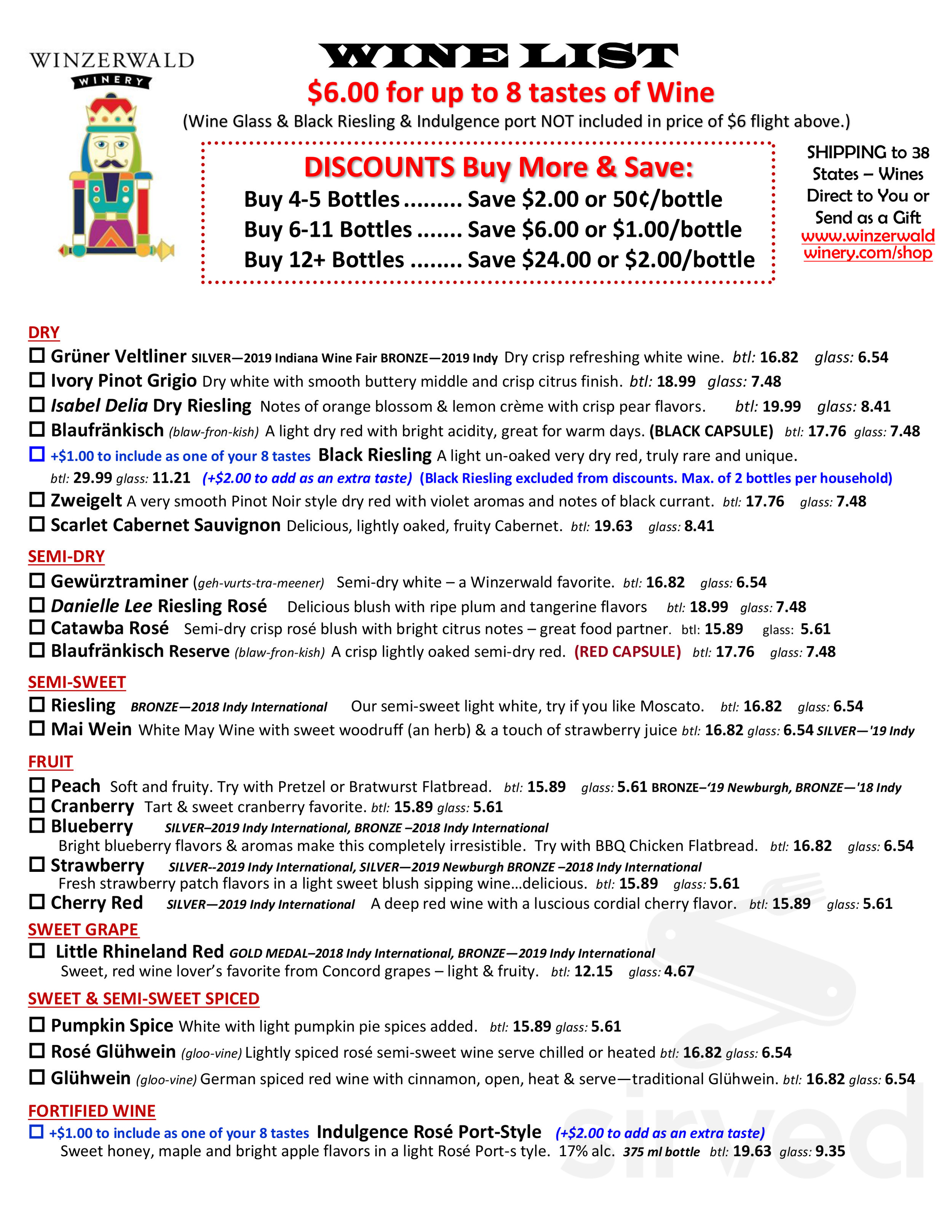 Menu - Bristow IN's Winzerwald Winery | Sirved