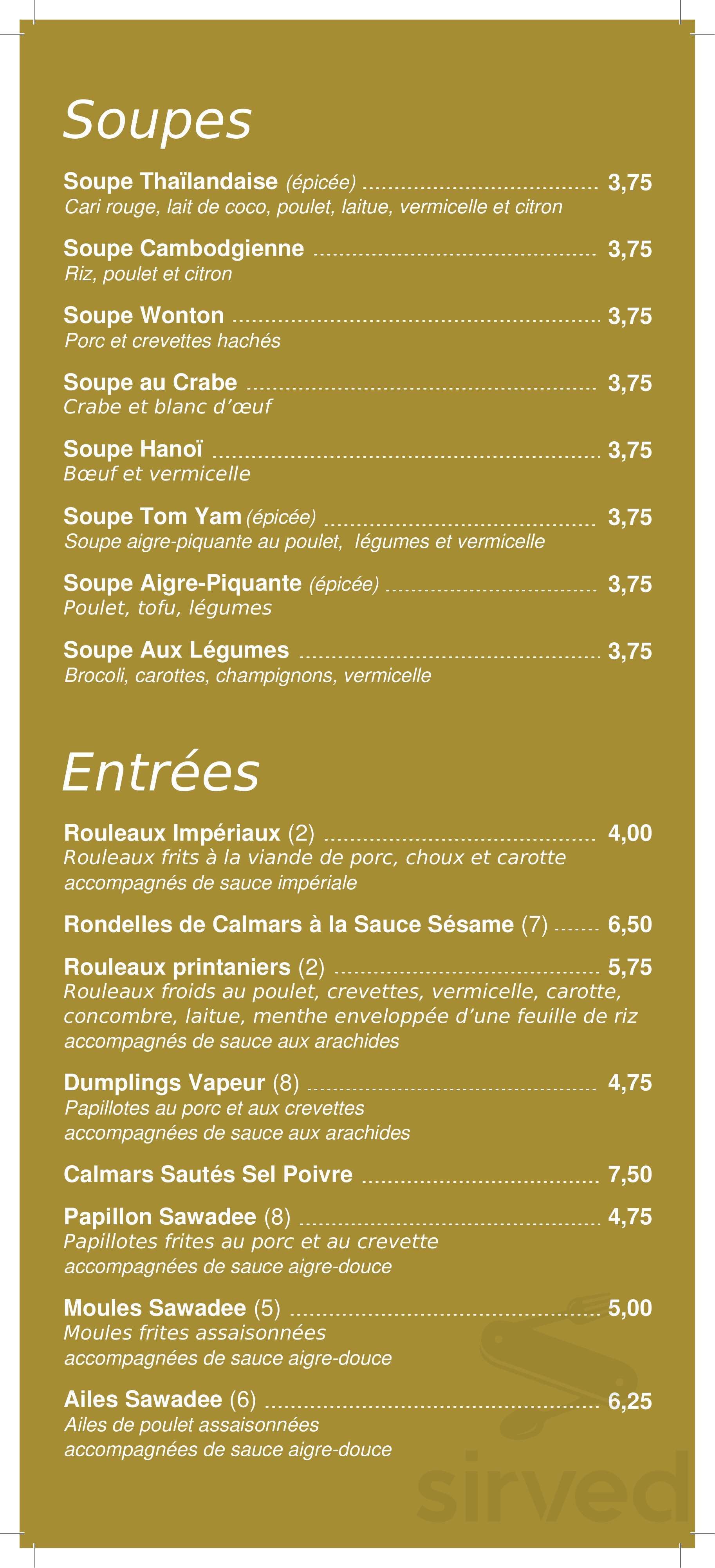 Restaurant Sawadee menu in Beloeil, Quebec J3G 4G7, Canada