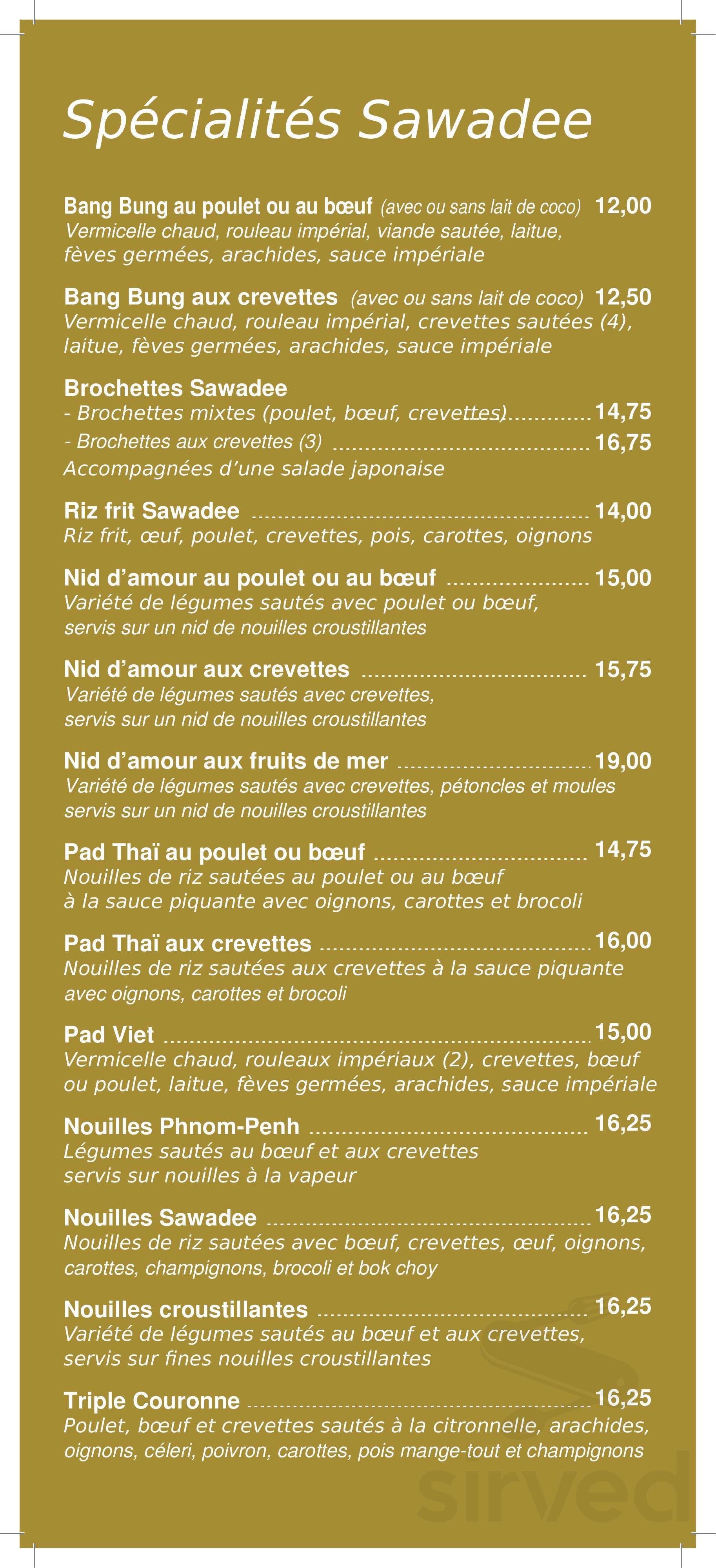 Restaurant Sawadee menu in Beloeil, Quebec J3G 4G7, Canada