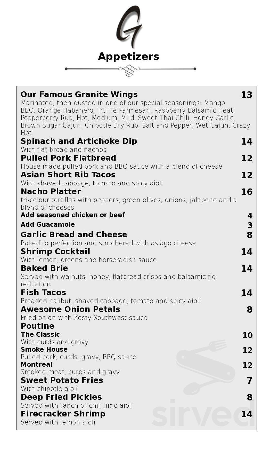 Menu - Bancroft ON's The Granite | Sirved