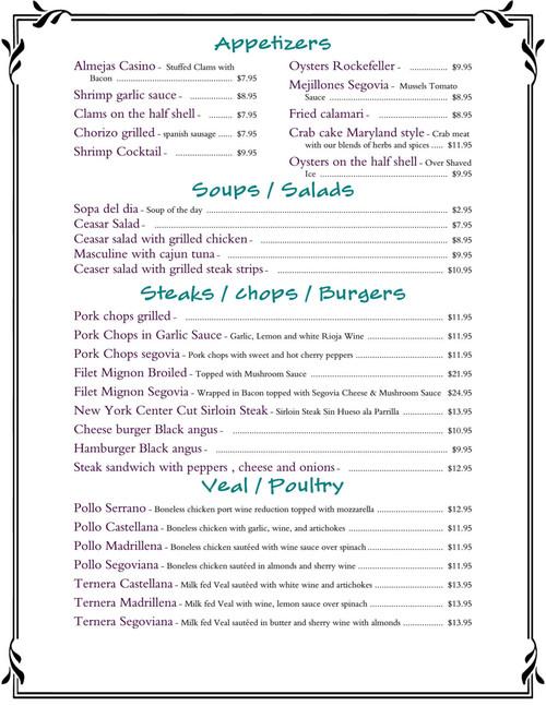 Segovia Steakhouse & Seafood menu in Little Ferry, New Jersey, USA