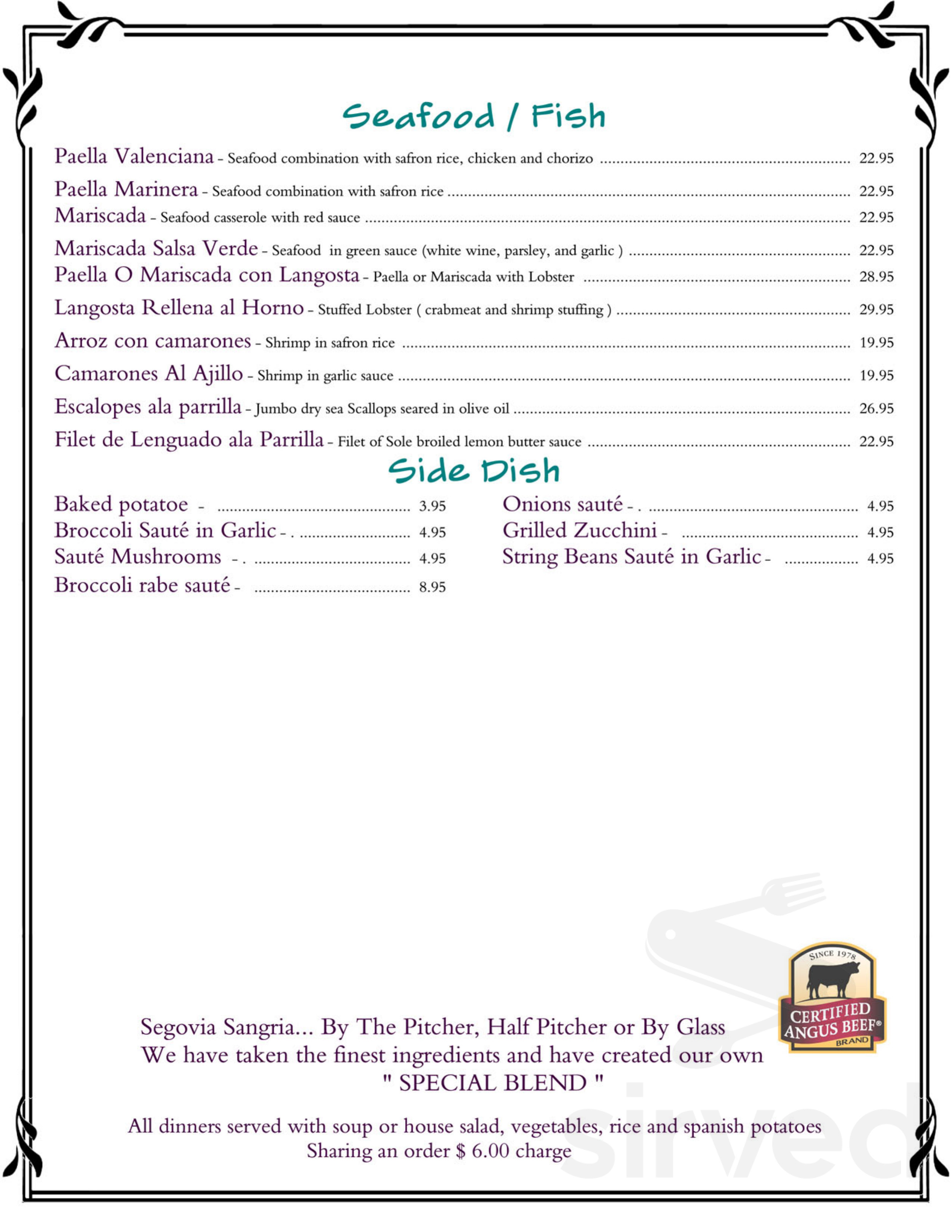 Segovia Steakhouse & Seafood menu in Little Ferry, New Jersey, USA