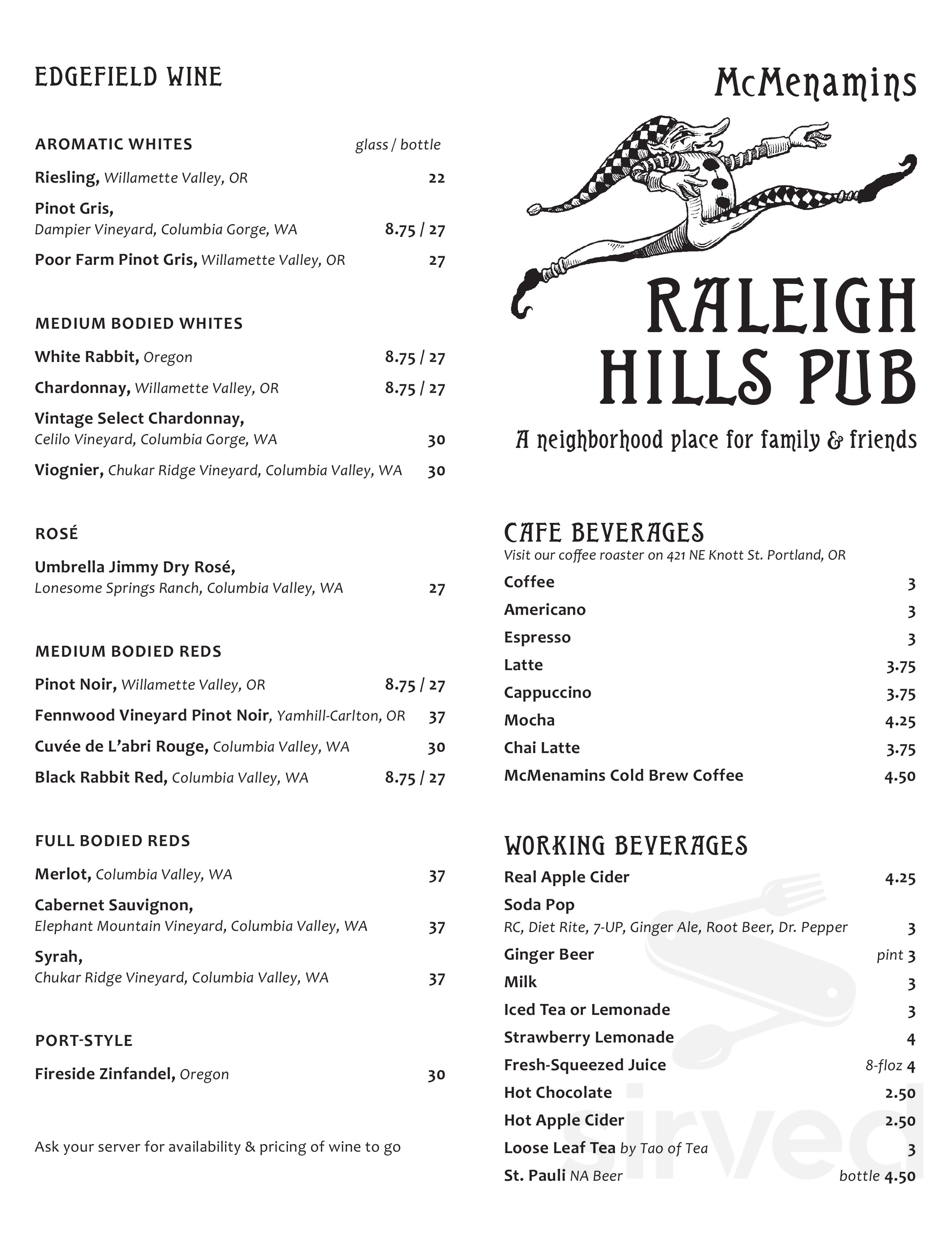 McMenamins Raleigh Hills Pub menus in Portland, Oregon, United States