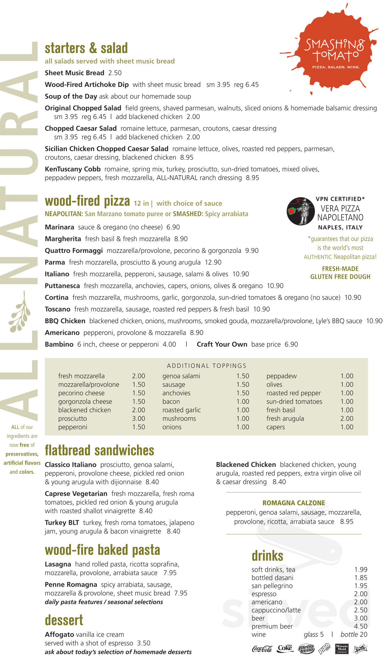 Menu for Smashing Tomato Pizzeria at Hamburg in Lexington, KY | Sirved