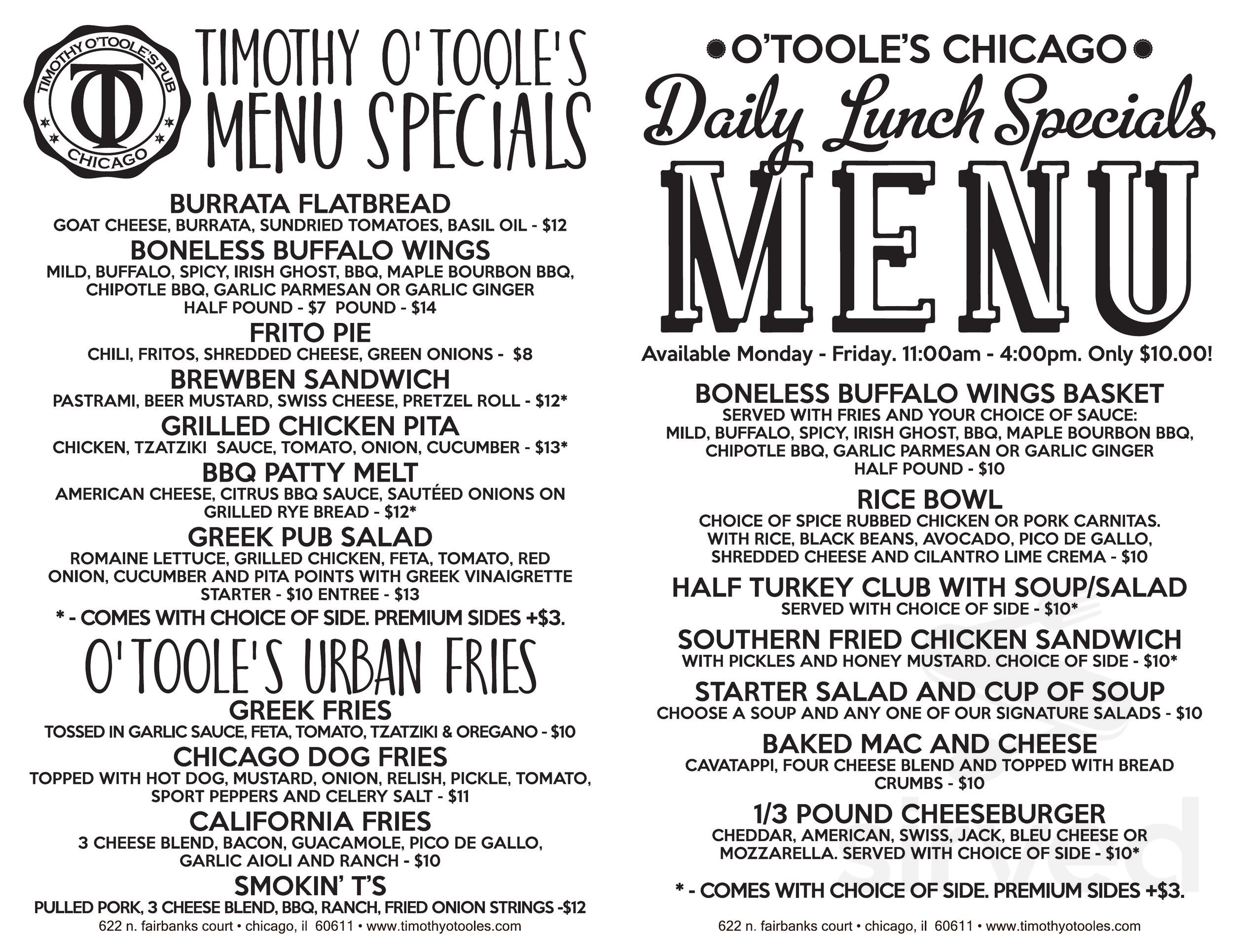 Timothy O'Toole's Pub Chicago menu in Chicago, Illinois, USA