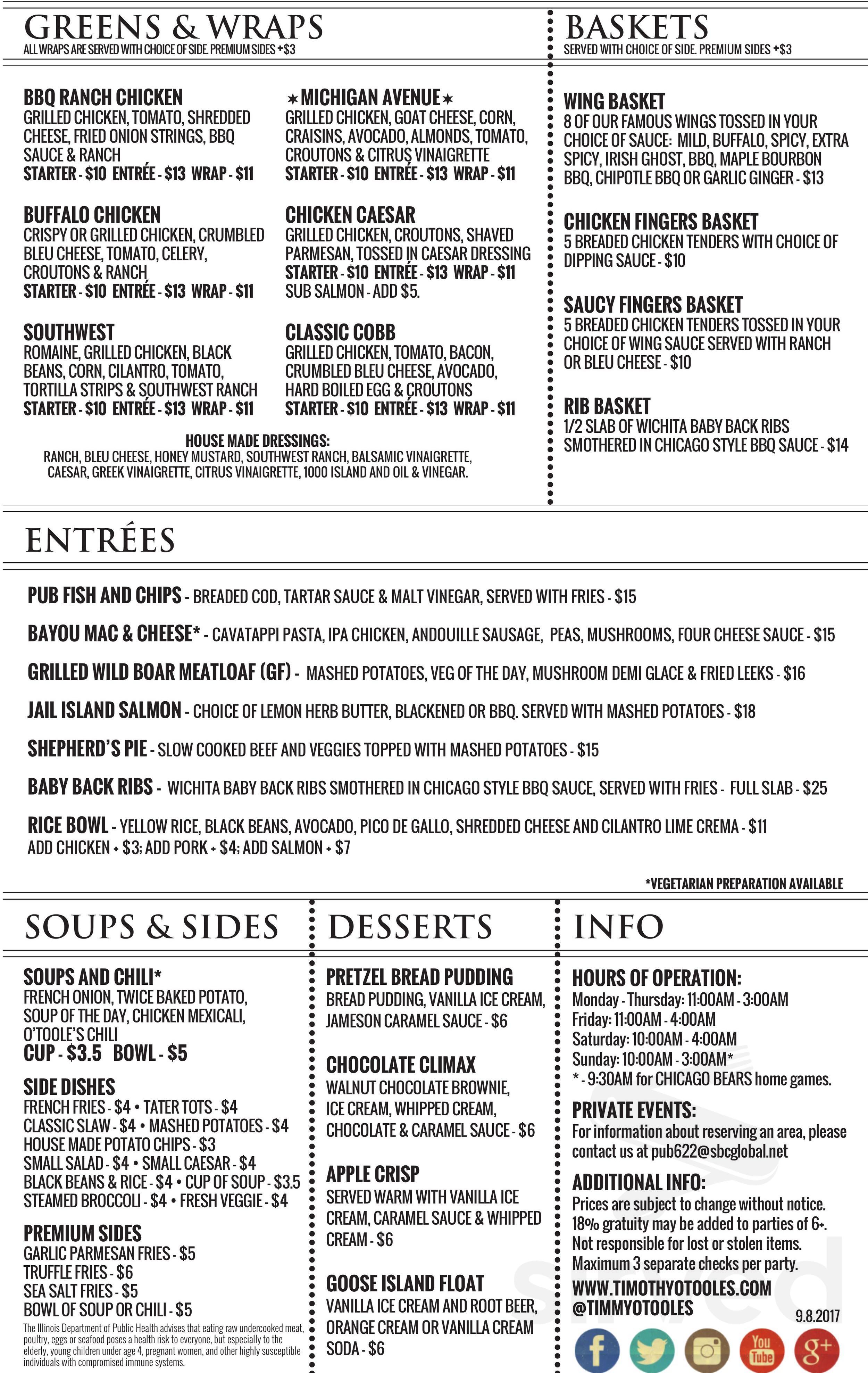 Timothy O'Toole's Pub Chicago menu in Chicago, Illinois, USA