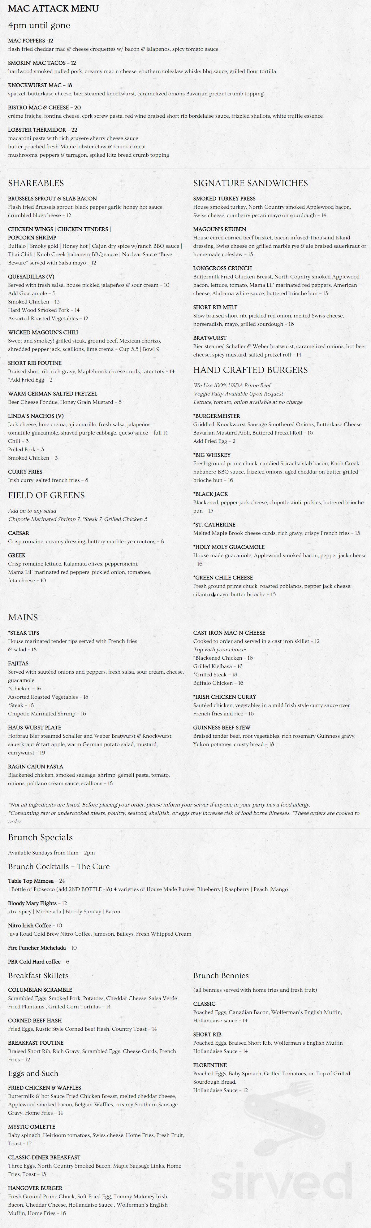 Menu - Somerville MA's Olde Magoun's Saloon | Sirved
