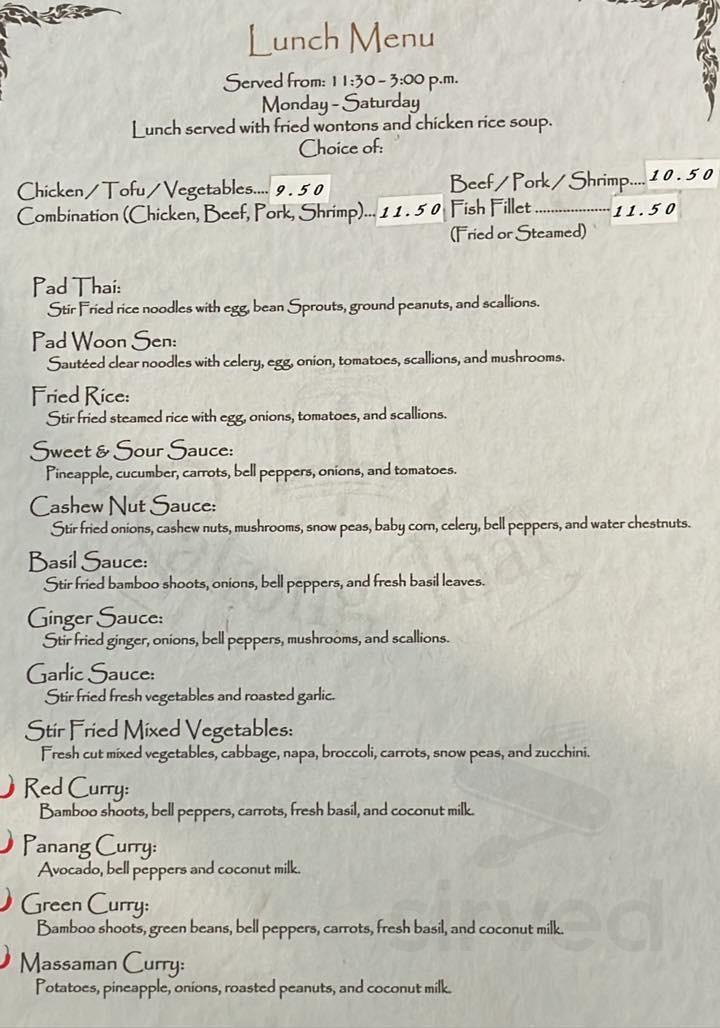 Rakong Thai restaurant menu in Covington, Louisiana, USA