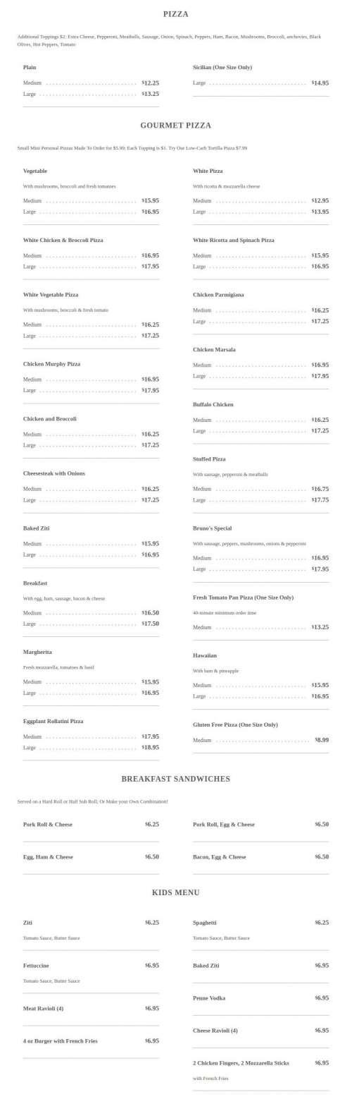 Bruno's Pizza & Subs menu in Neptune City, New Jersey, USA