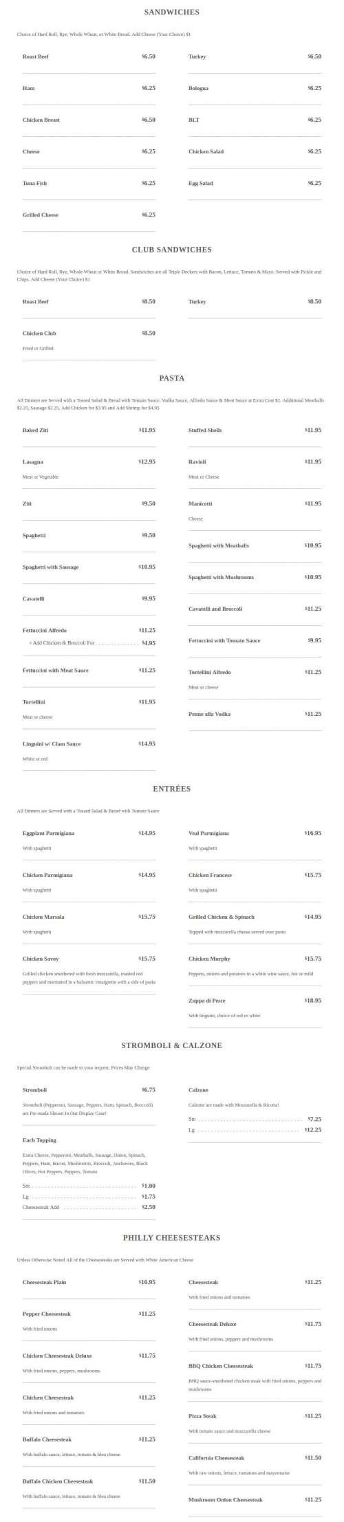 Bruno's Pizza & Subs menu in Neptune City, New Jersey, USA