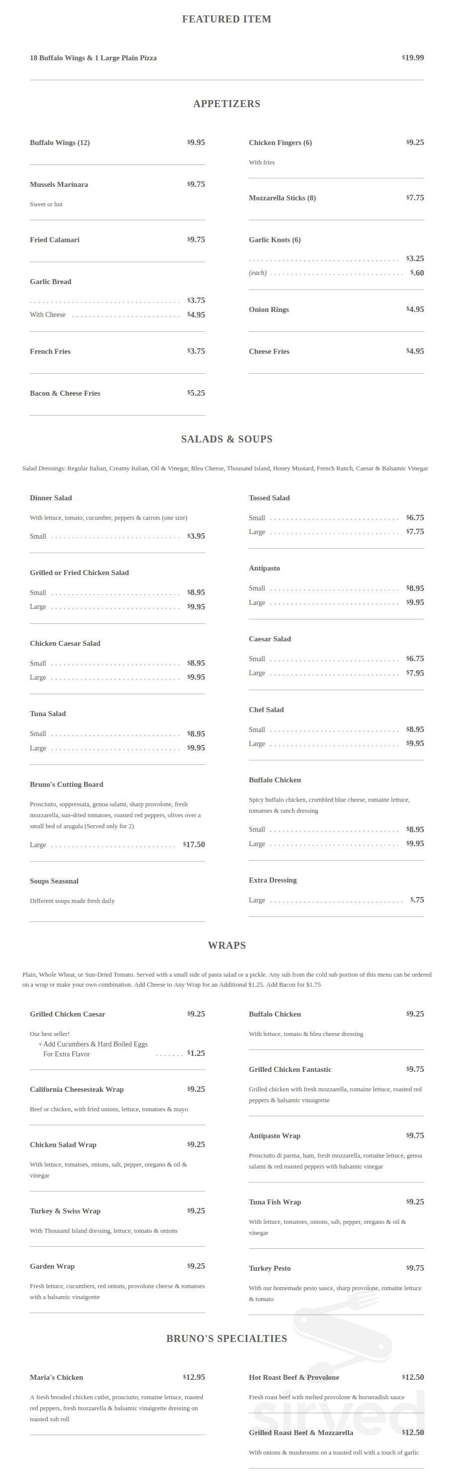 Bruno's Pizza & Subs menu in Neptune City, New Jersey, USA