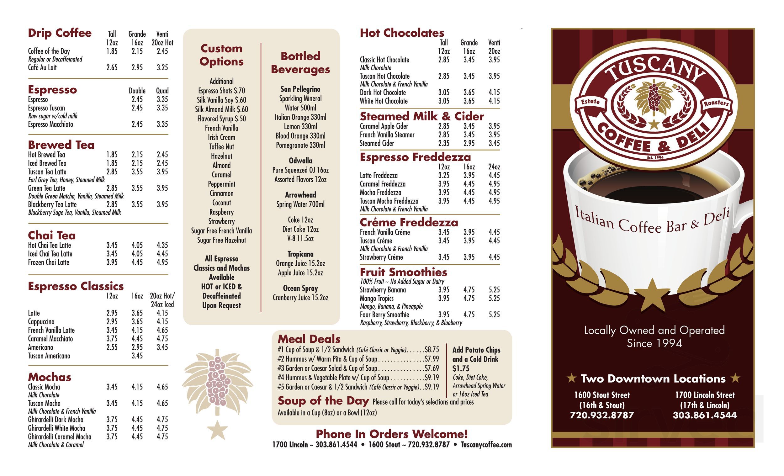 Tuscany Coffee & Deli menu in Denver, Colorado, USA