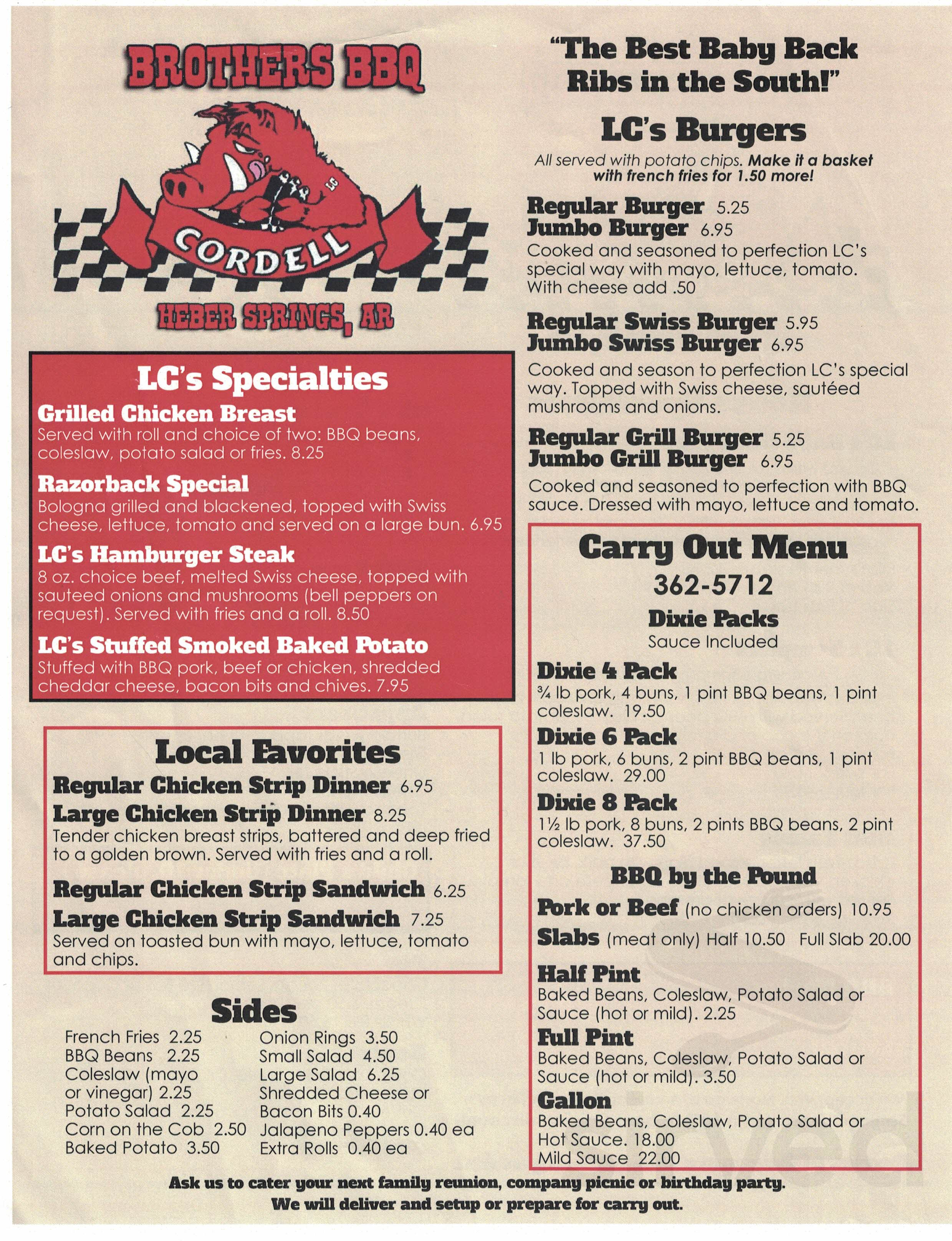 Brothers Bbq Menus In Heber Springs Arkansas United States
