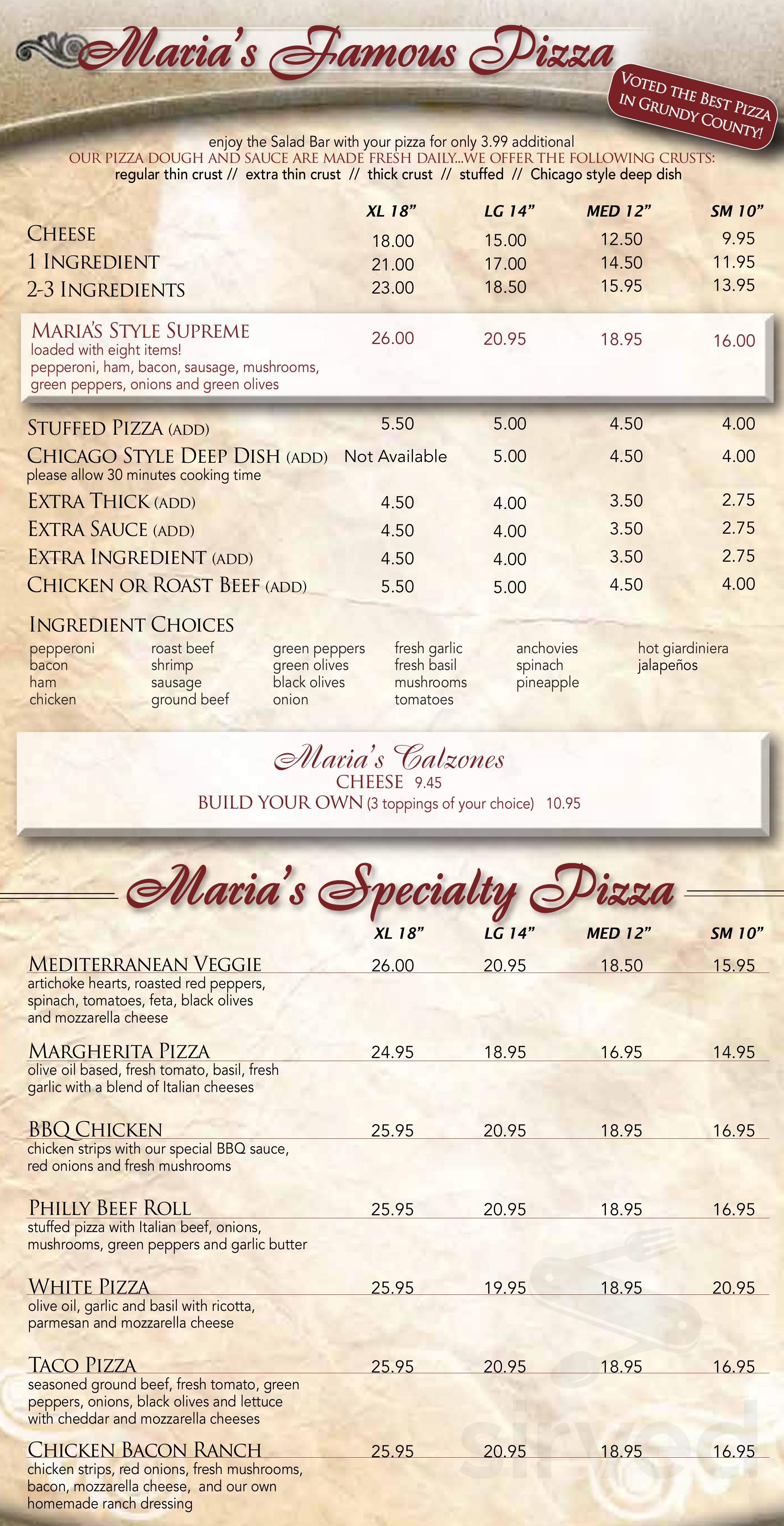 Maria's Ristorante & Pizzeria menu in Morris, Illinois, USA