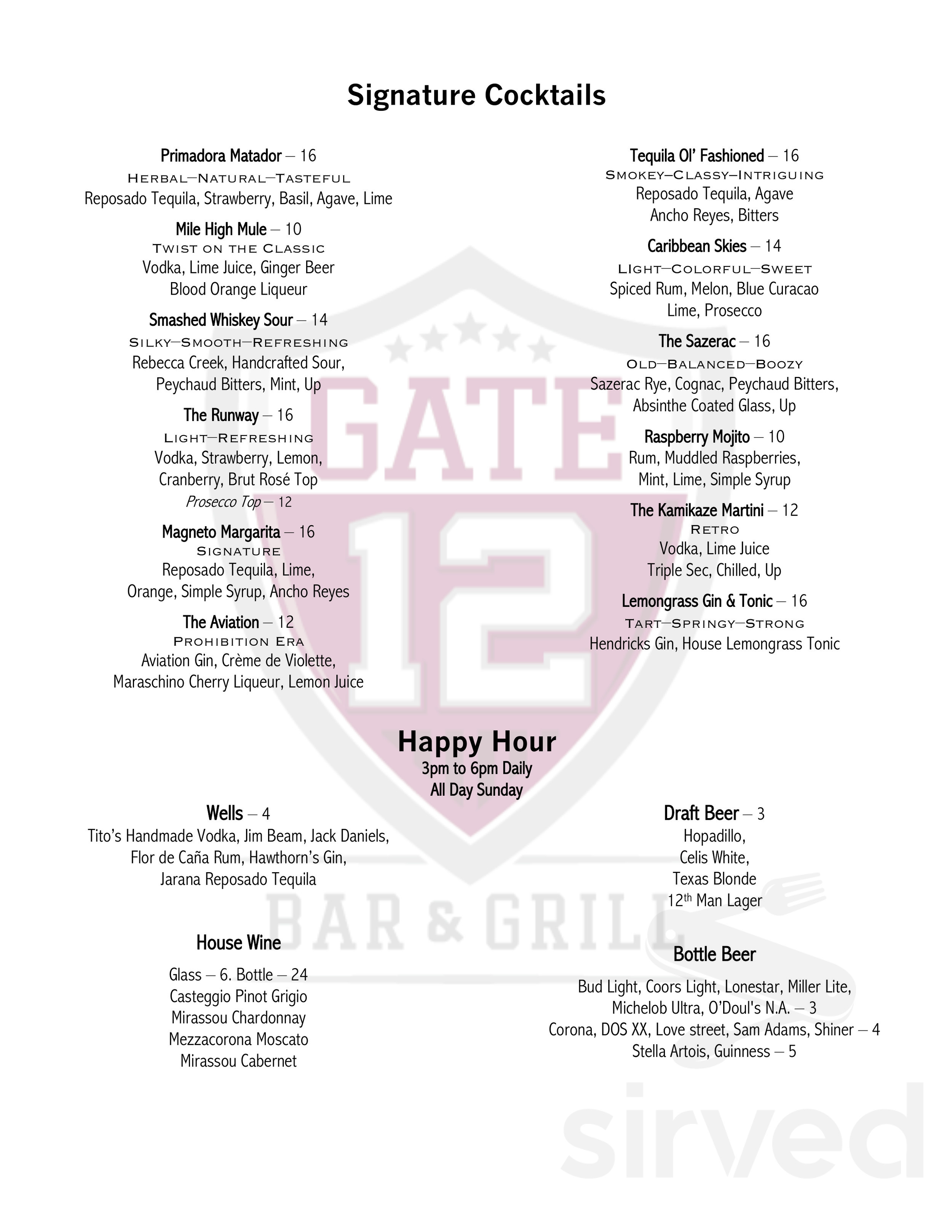 Menu for Gate 12 Bar & Grill in College Station, TX | Sirved